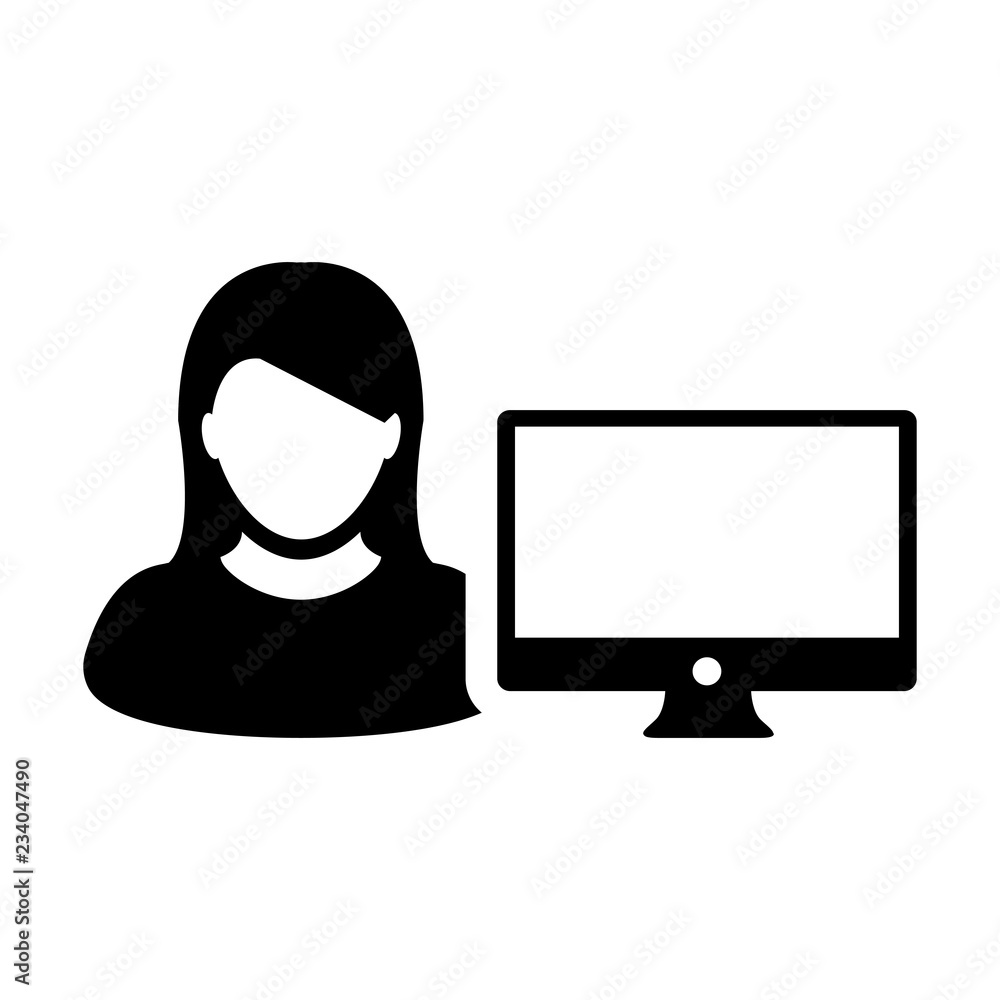 Person icon vector female user with computer monitor screen avatar in ...