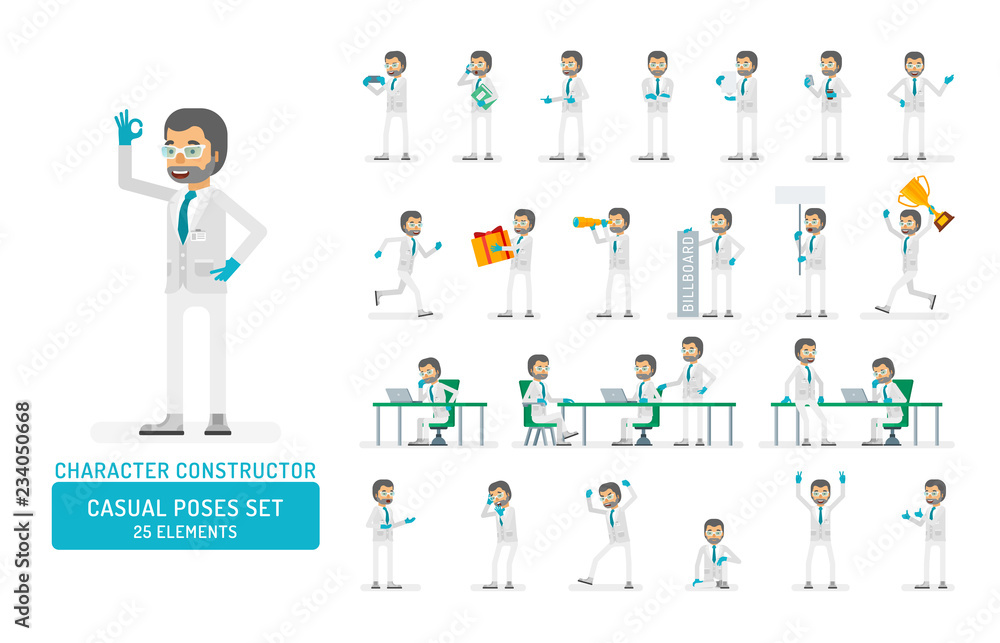 Vector scientist man in lab coat and gloves ready-to-use character ...