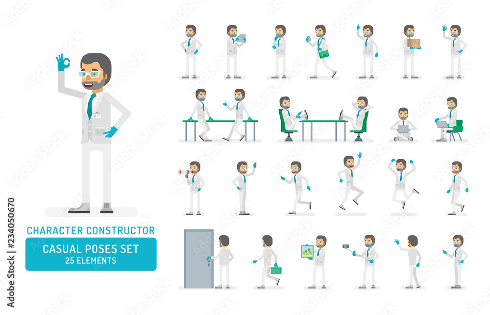 Vector scientist man in lab coat and gloves ready-to-use character ...