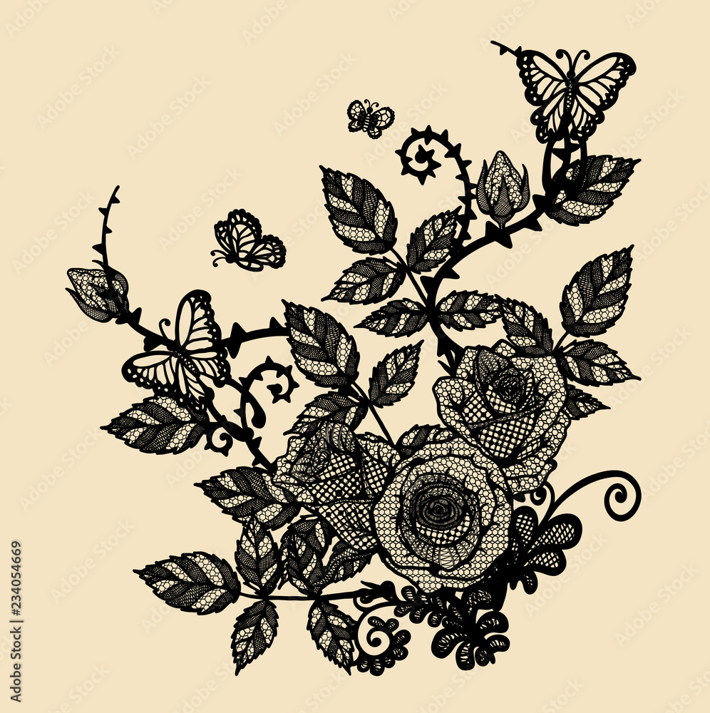 Rose lace ornament vector by hand drawing.Beautiful flower on brown ...
