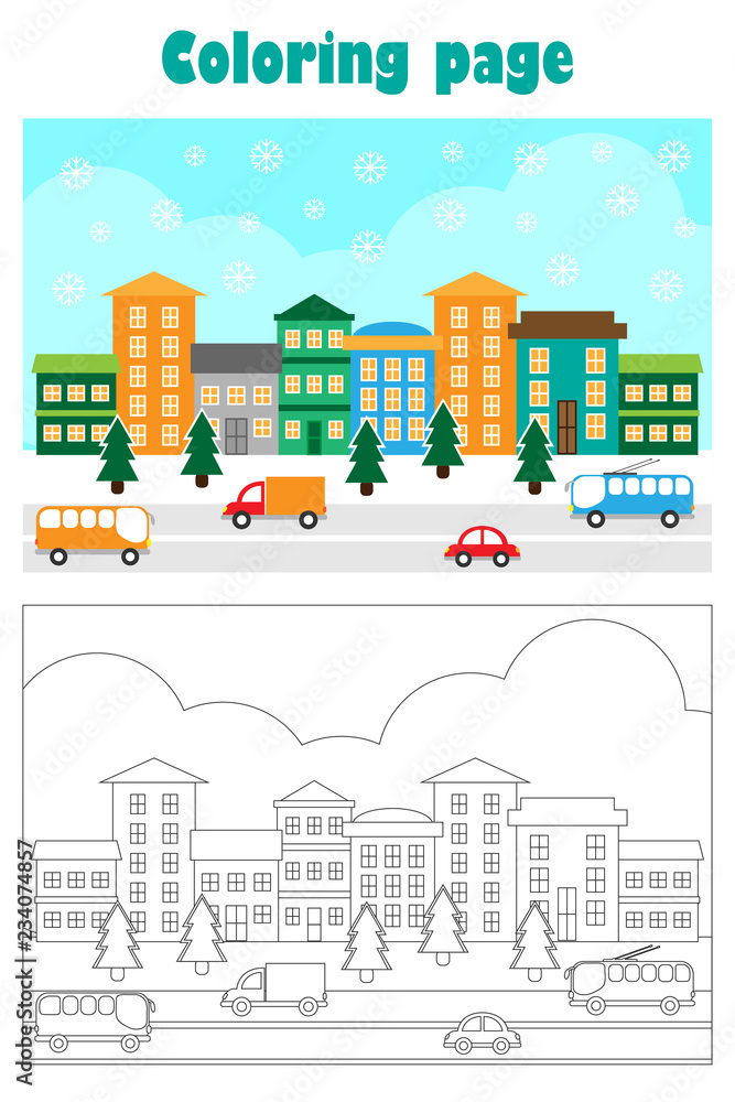 Christmas picture with snowy city in cartoon style, xmas coloring page ...