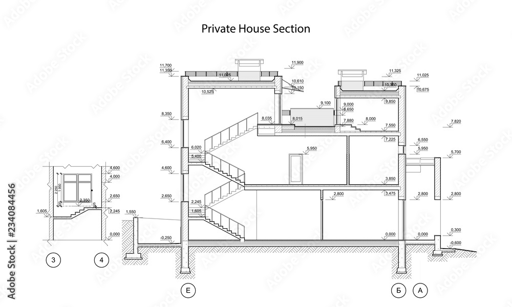 Private house section, detailed architectural technical drawing, vector ...
