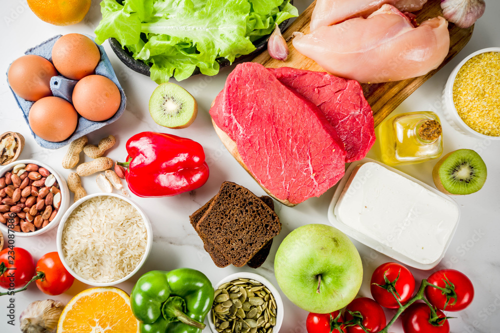 Healthy diet food. Various low fodmap ingredients selection - meat ...