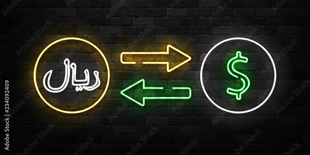Vector realistic isolated neon sign of Saudi Riyal and Dollar exchange ...