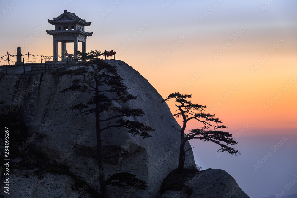 Beautiful Chinese Pagoda and tree Silhouette at the top of Mount Hua ...