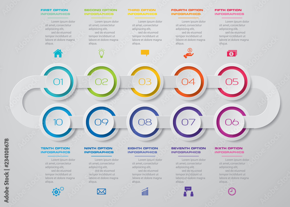 10 steps Timeline infographic element. 10 steps infographic, vector ...