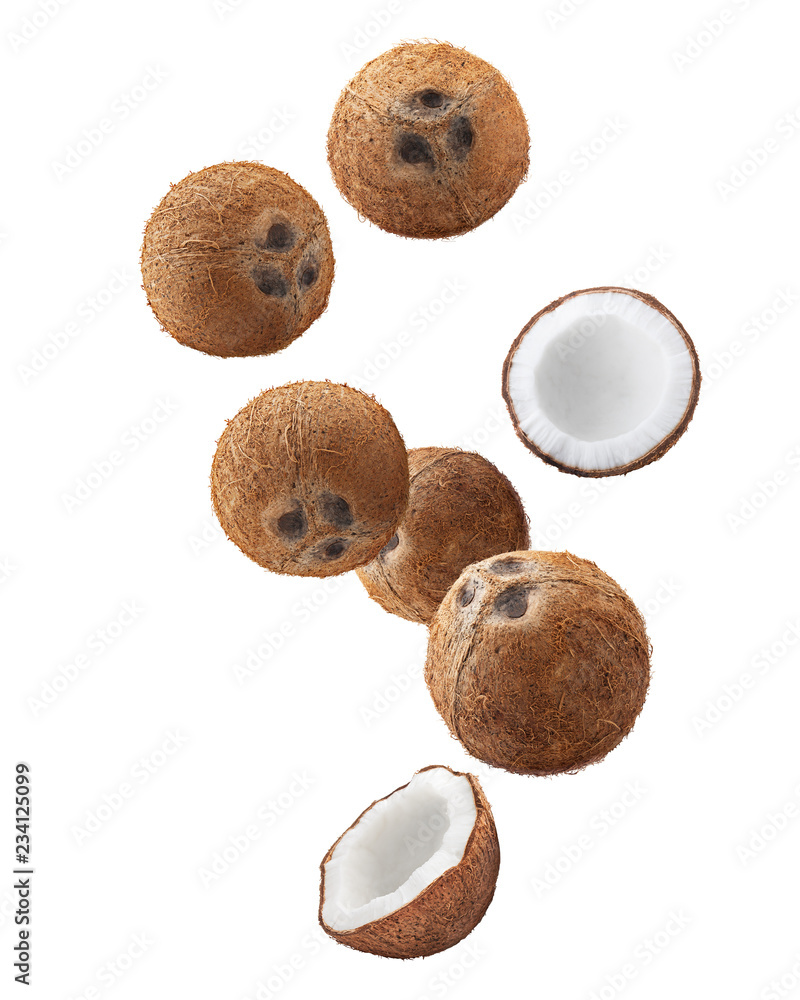 Falling coconut, isolated on white background, full depth of field ...