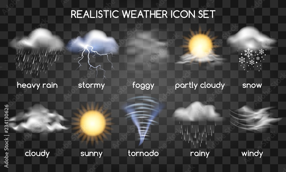 Realistic weather icons set isolated on transparent background. Vector ...