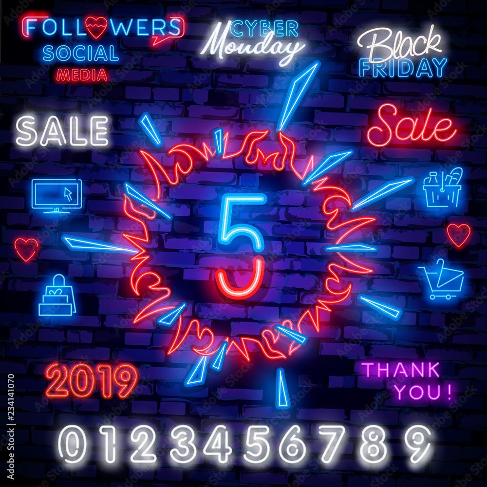 Number Five symbol neon sign vector. Number Five template neon icon ...