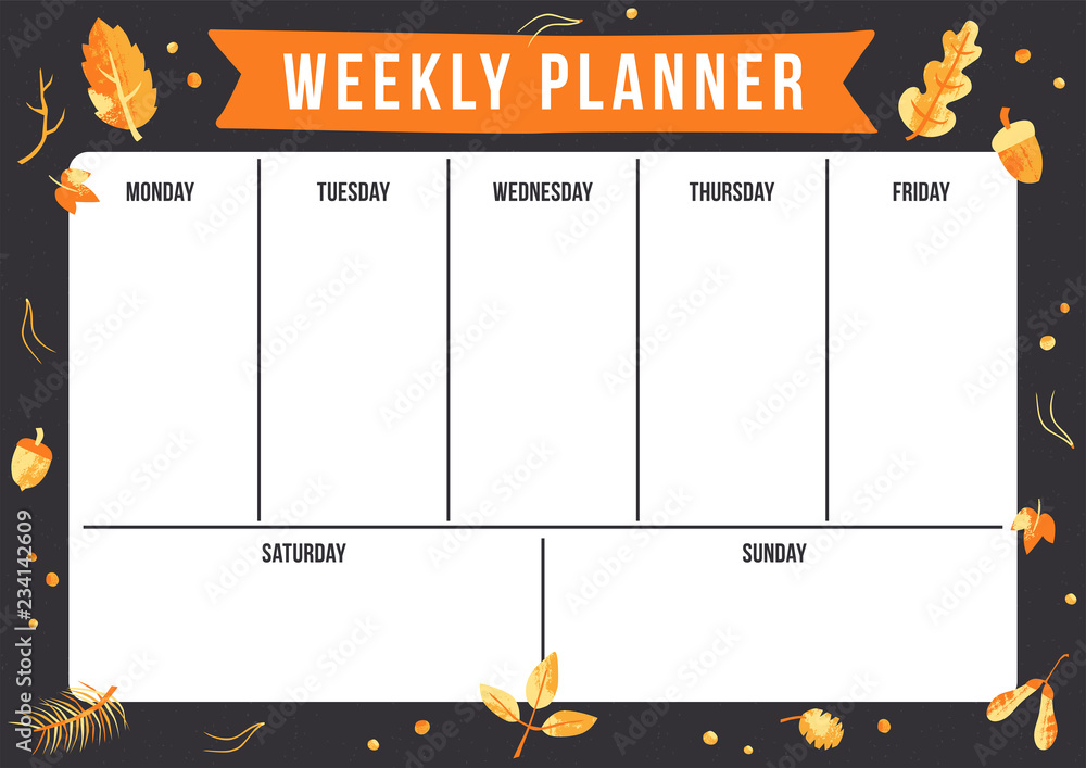 Autumn weekly planner with leaf, acorn and oak. Hand draw stamp vector ...