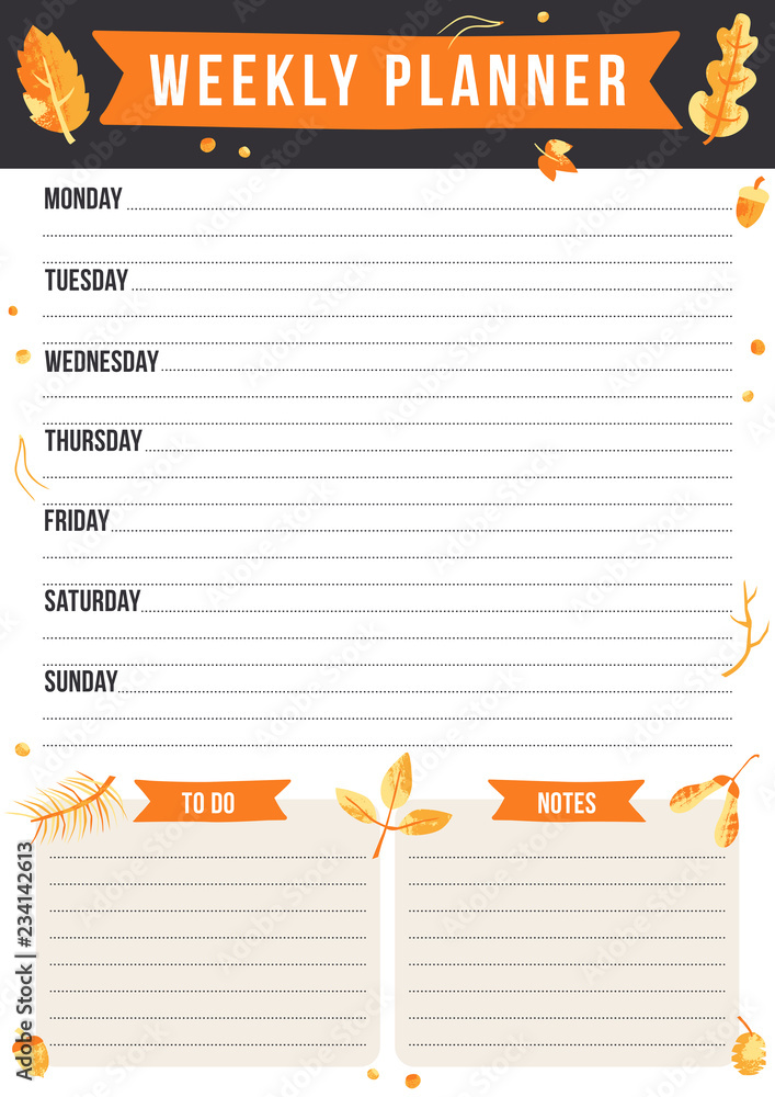 Autumn weekly planner with leaf, acorn and oak. Hand draw stamp vector ...