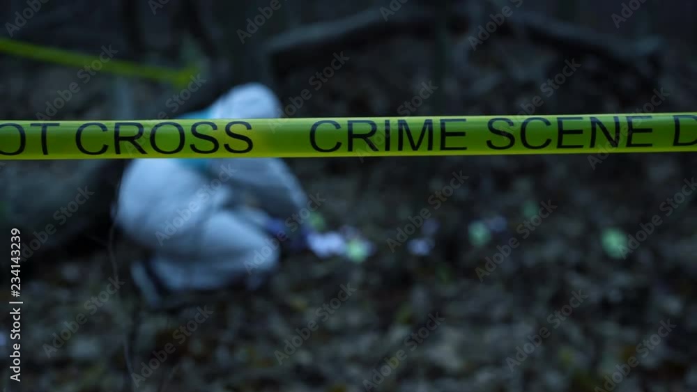Video „Yellow crime scene tape in forest, forensic expert collecting ...