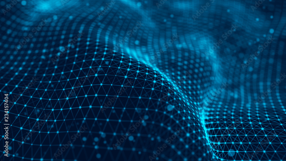 Wave of particles. Futuristic blue dots background with a dynamic wave ...