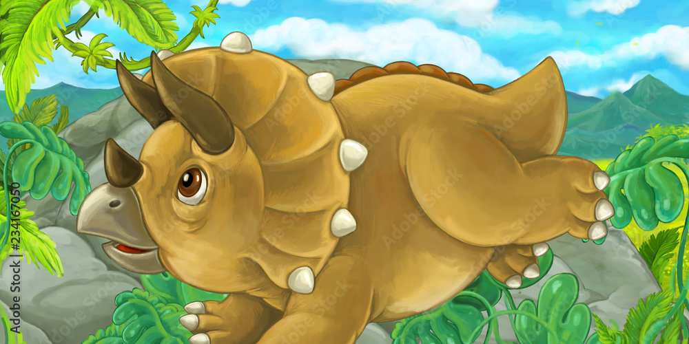 cartoon scene with triceratops hiding behind the rock - illustration ...