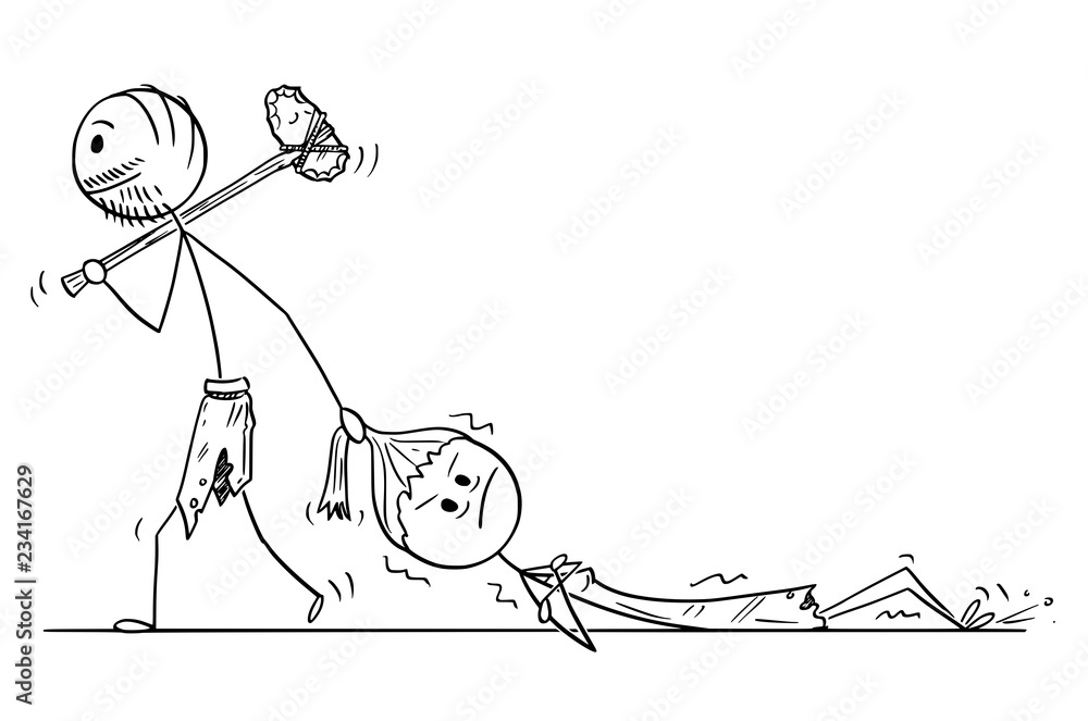 Cartoon Stick Drawing Conceptual Illustration Of Prehistoric Man Or Caveman Dragging Woman As