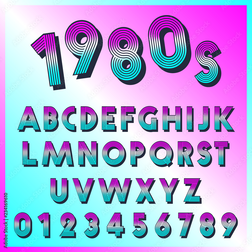 80s retro font template. Set of letters and numbers lines vintage ...