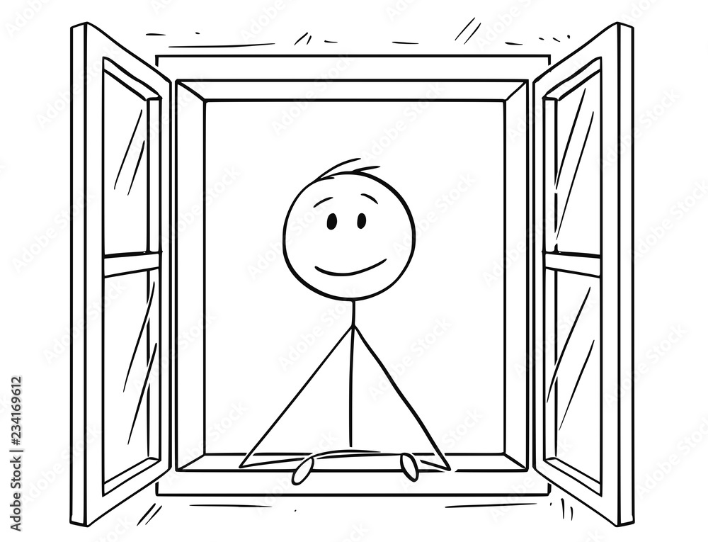 Cartoon stick drawing conceptual illustration of man looking through ...