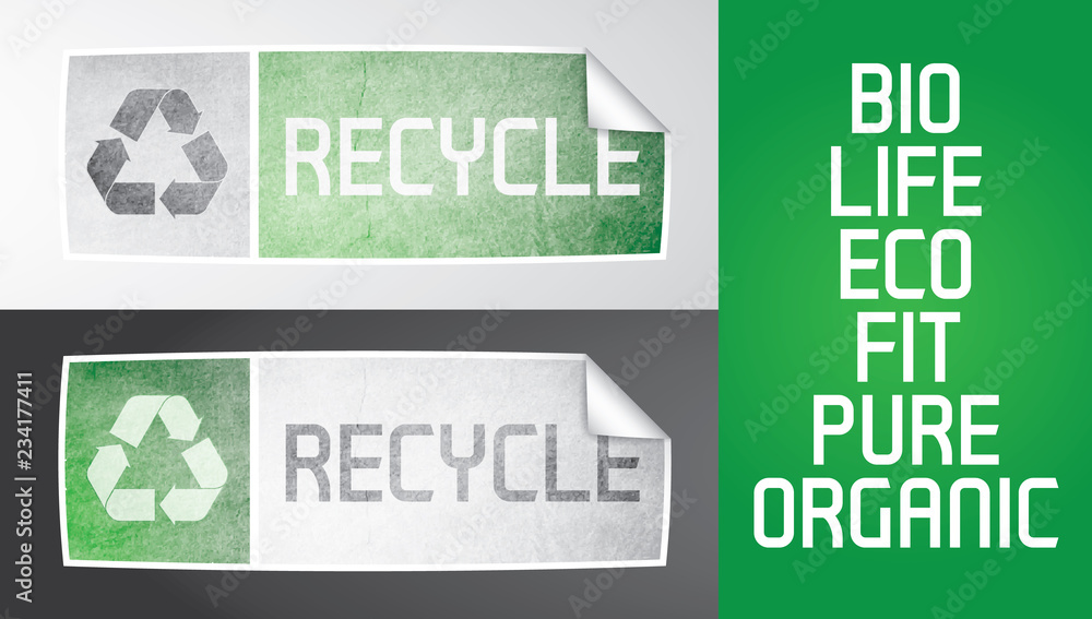 Two vector sticker with recycle theme. Recycle logos, grunge effect ...