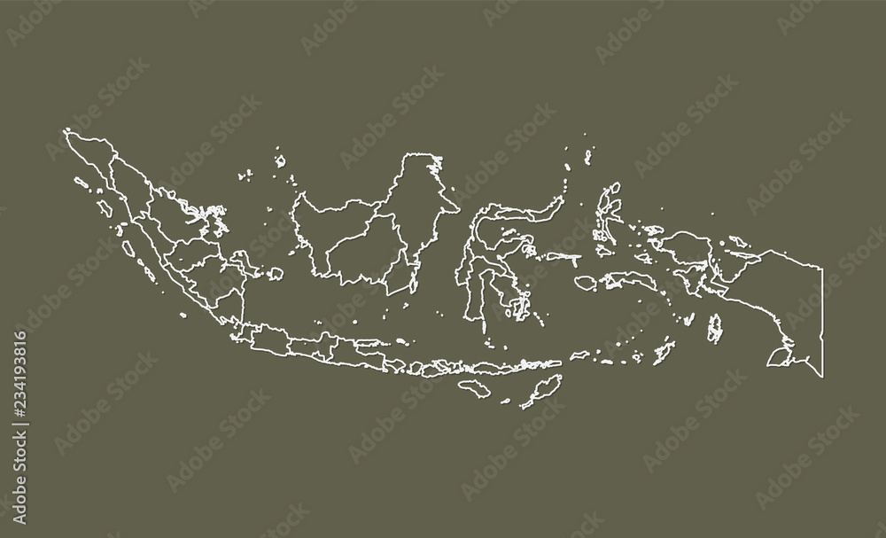 Indonesia map with white lines of provinces or divisions on dark ...