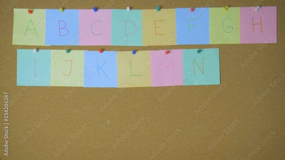 Alphabet from A to Z. Hands pining sticky notes on pin board funny ...