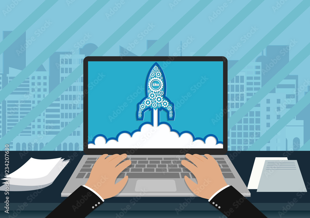 hand typing white modern keyboard on notebook. Space Shuttle ejected ...