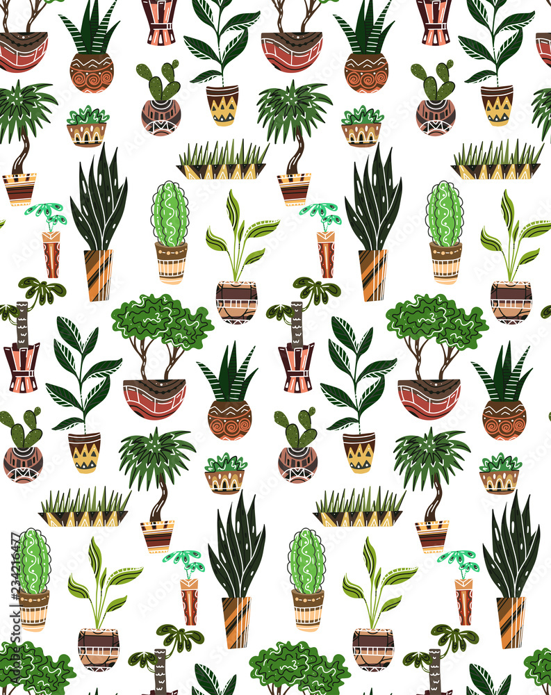 Seamless texture with of cartoon home flowers in pots with decorations ...