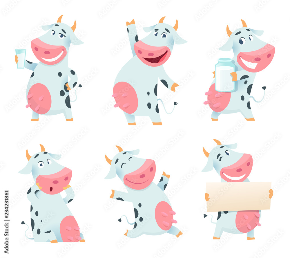 Milk cow animal. Cartoon farm character eating and posing cows mascots ...