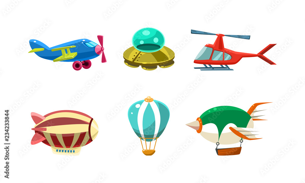 Cute cartoon aircrafts bright colors set, airplane, blimp, ufo ...