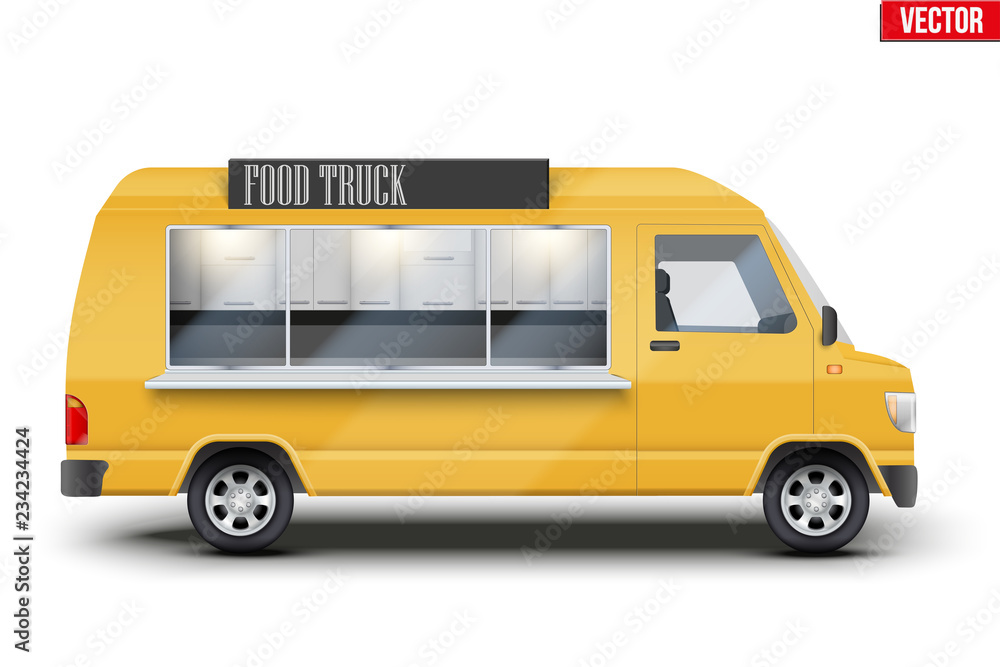 Modern Food Truck. Fast food van with window and signboard. Yellow ...