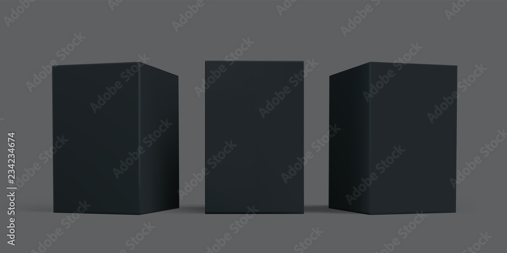 Black box package mock-up set. Vector black carton cardboard or paper ...