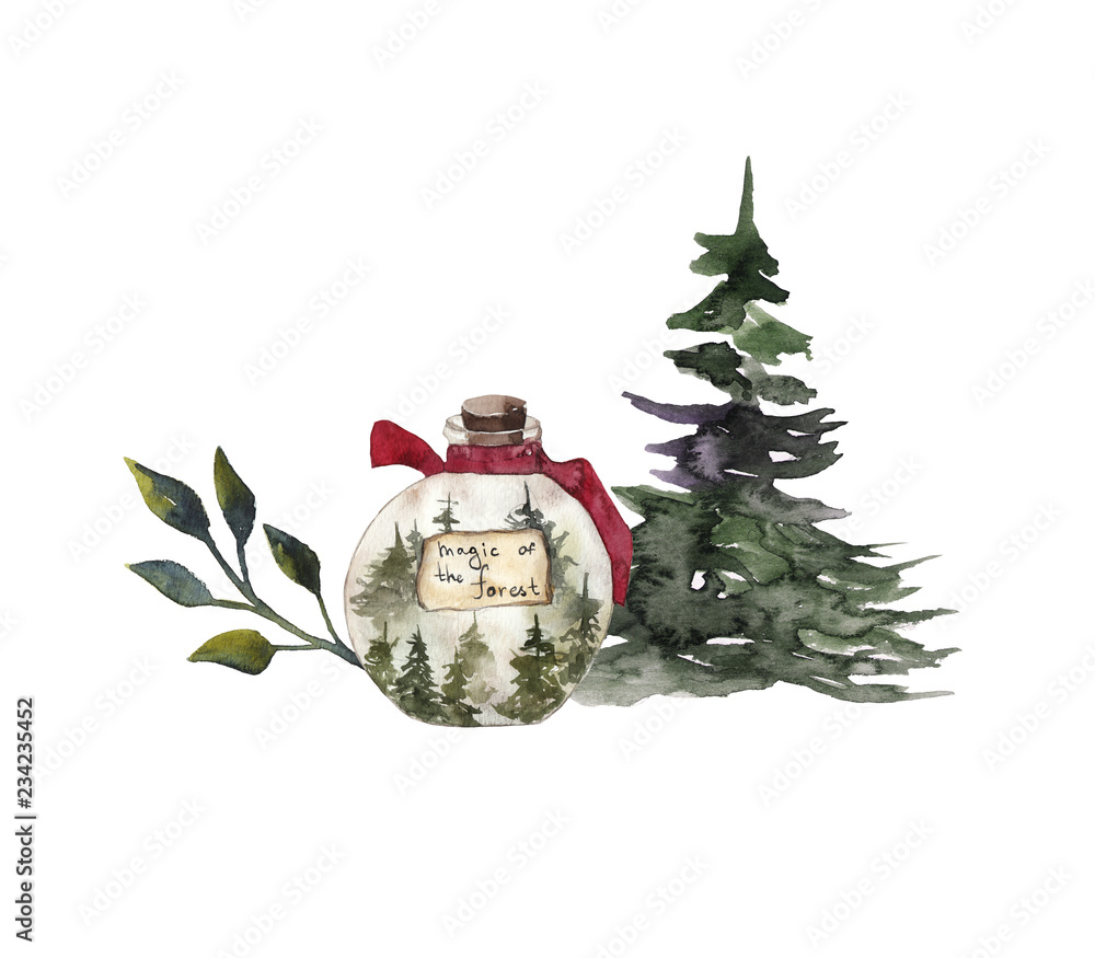 Magic bottle and magic forest in the mist. Watercolor illustration on ...