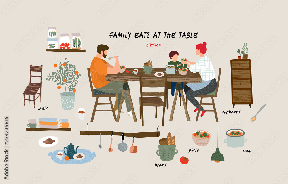 set of isolated flat vector elements: happy family eating breakfast ...