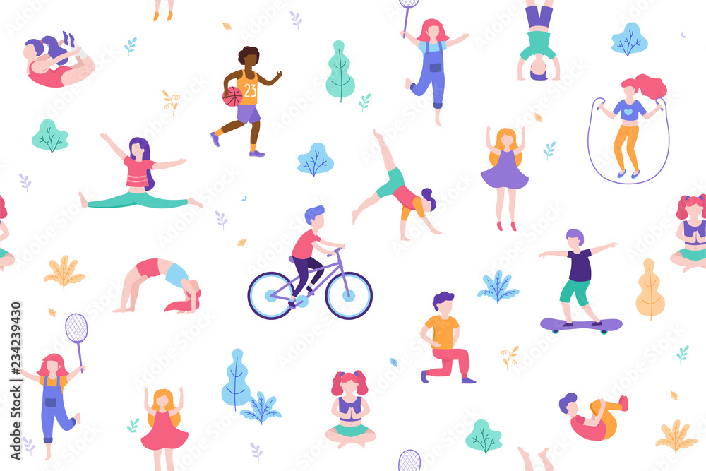 Children doing activities and sports in flat design vector illustration ...