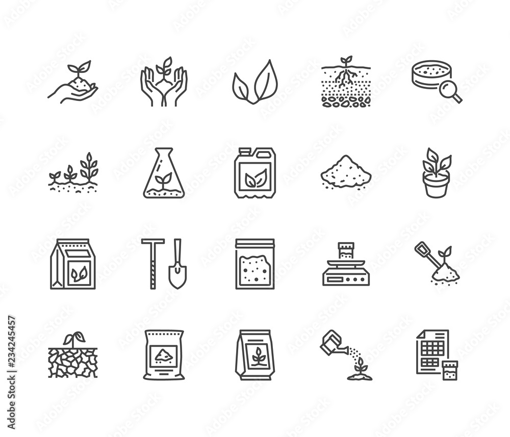Soil testing flat line icons set. Agriculture, planting vector ...