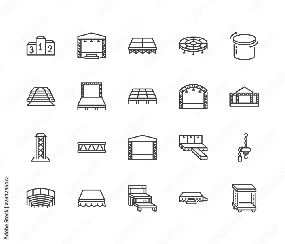 Podiums, stages flat line icons set. Event equipment vector ...