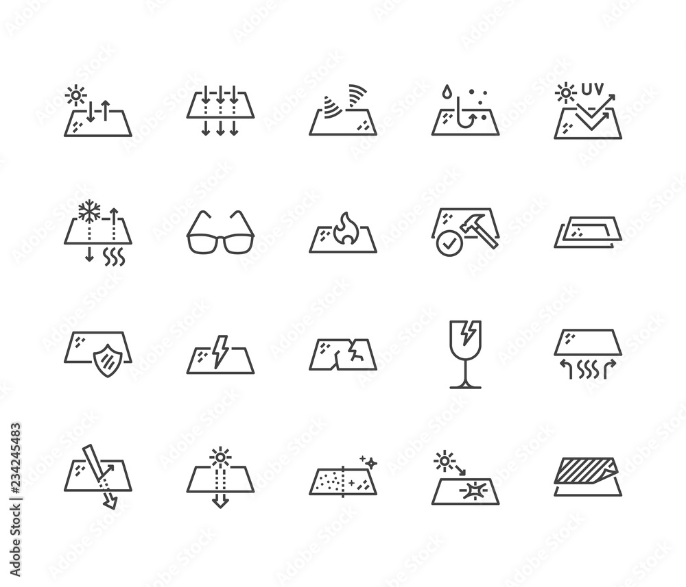 Glasses properties flat line icons set. Glass features - heat ...
