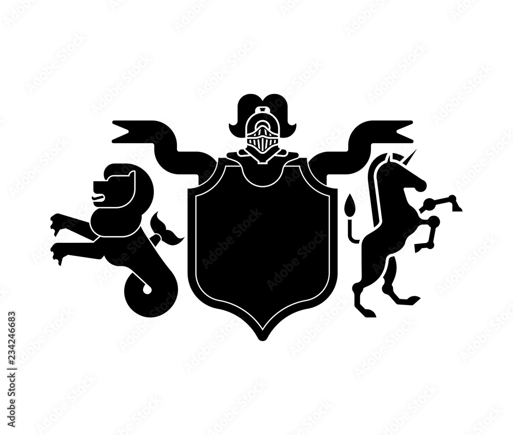 Heraldic Shield sea Lion and Unicorn and Knight Helmet. Fantastic ...