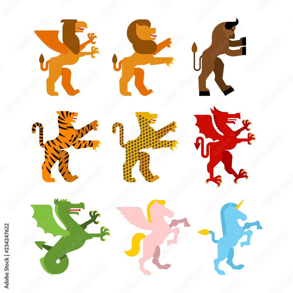 Heraldic animal set. Griffin, lion and minotaur. Teague, leopard and ...