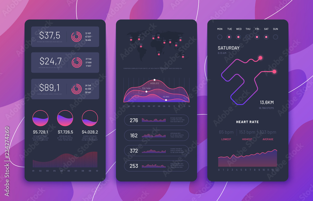 Fitness app ui. Phone dashboards with charts, diagrams and navigation ...