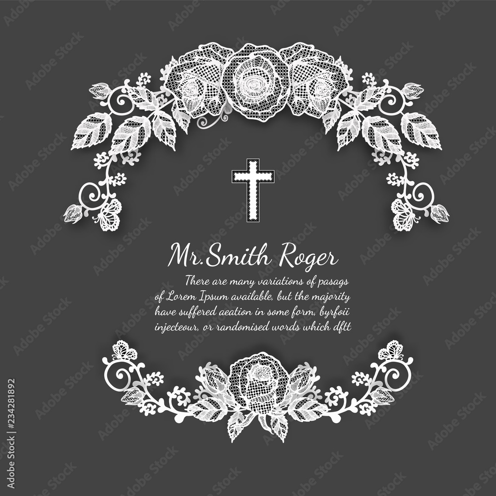 Black and white lace rose funeral card by hand drawing.Flower vector ...