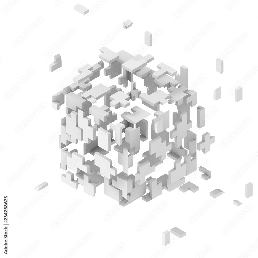 Light gray chaotic cube matrix in white background. 3D render Stock ...