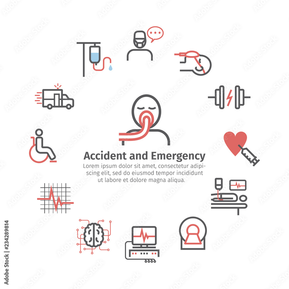 Accident and emergency line icons. Round banner. Clinic signs. Life ...