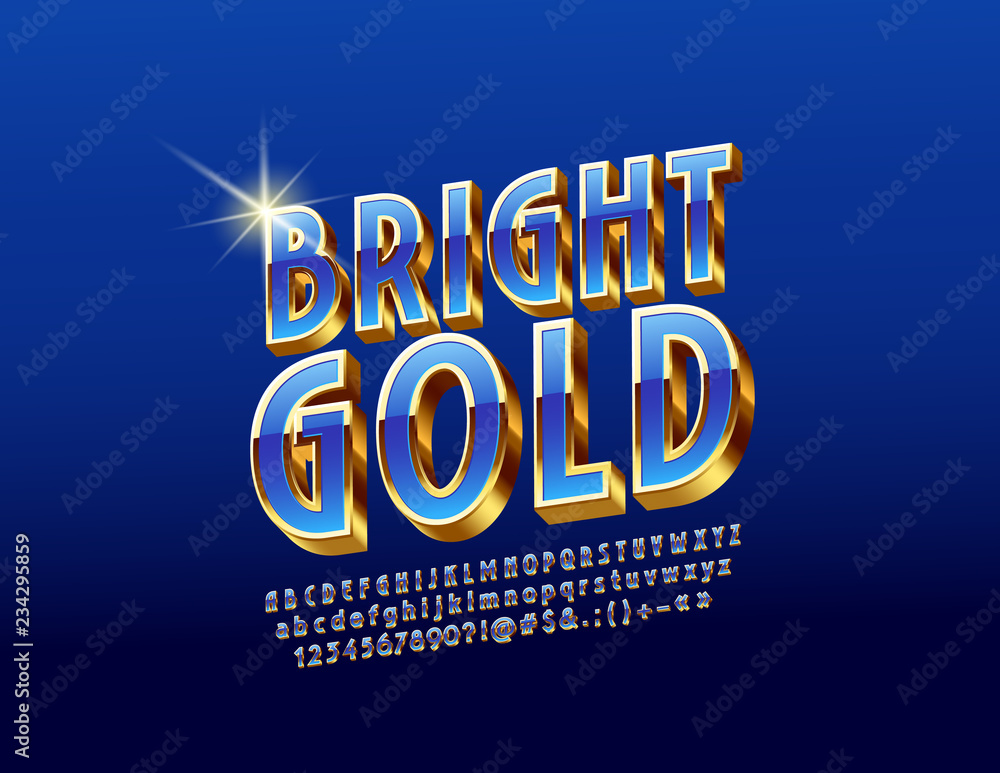 Vector Blue and Gold bright Font. Luxury Glossy 3D Alphabet Letters ...