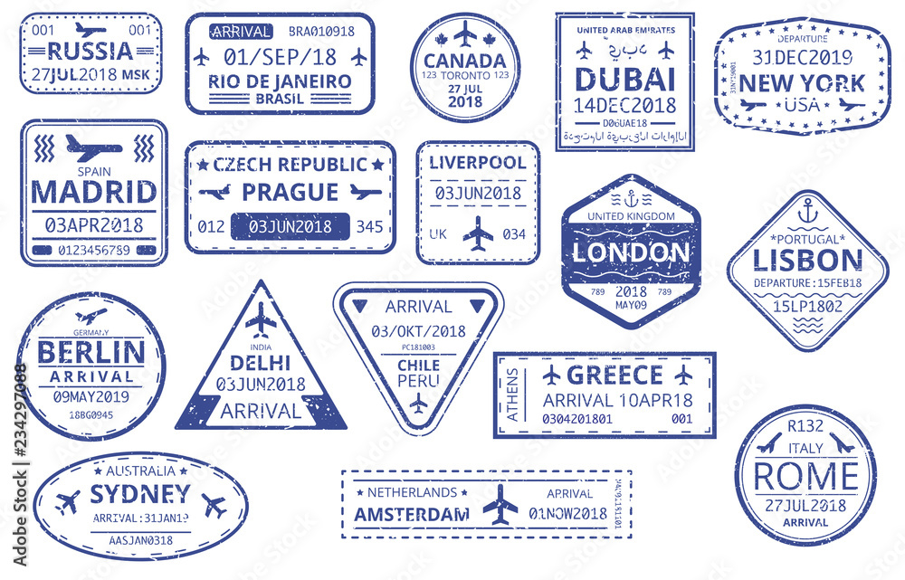 Blue border custom stamps in passport on isolated white background ...