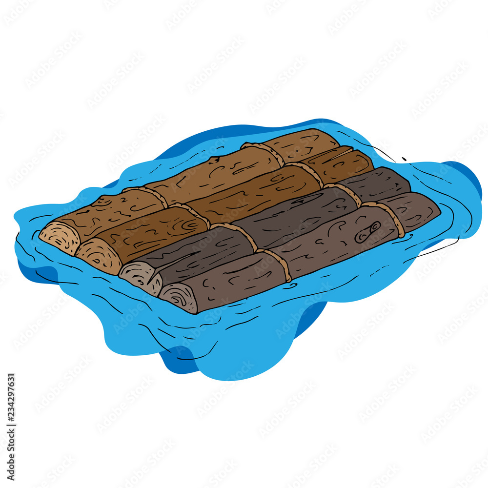 A wooden raft. A raft of logs connected by a rope. Vector illustration ...