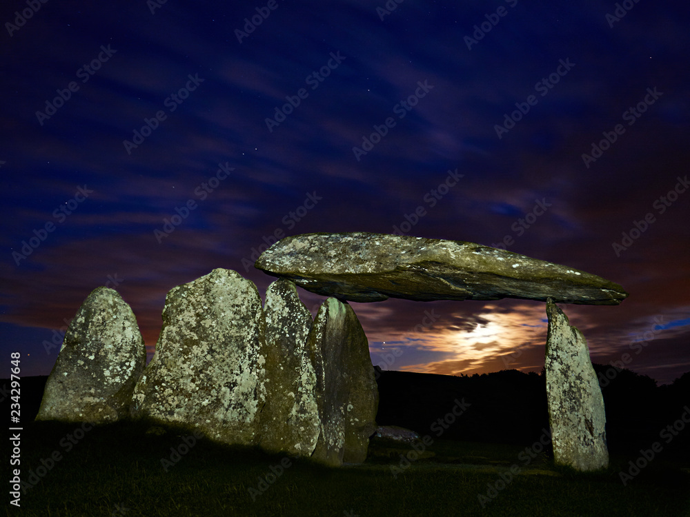 Pentre Ifan Burial Chamber (3,500 BC) at Moonset. Set in the Preseli ...