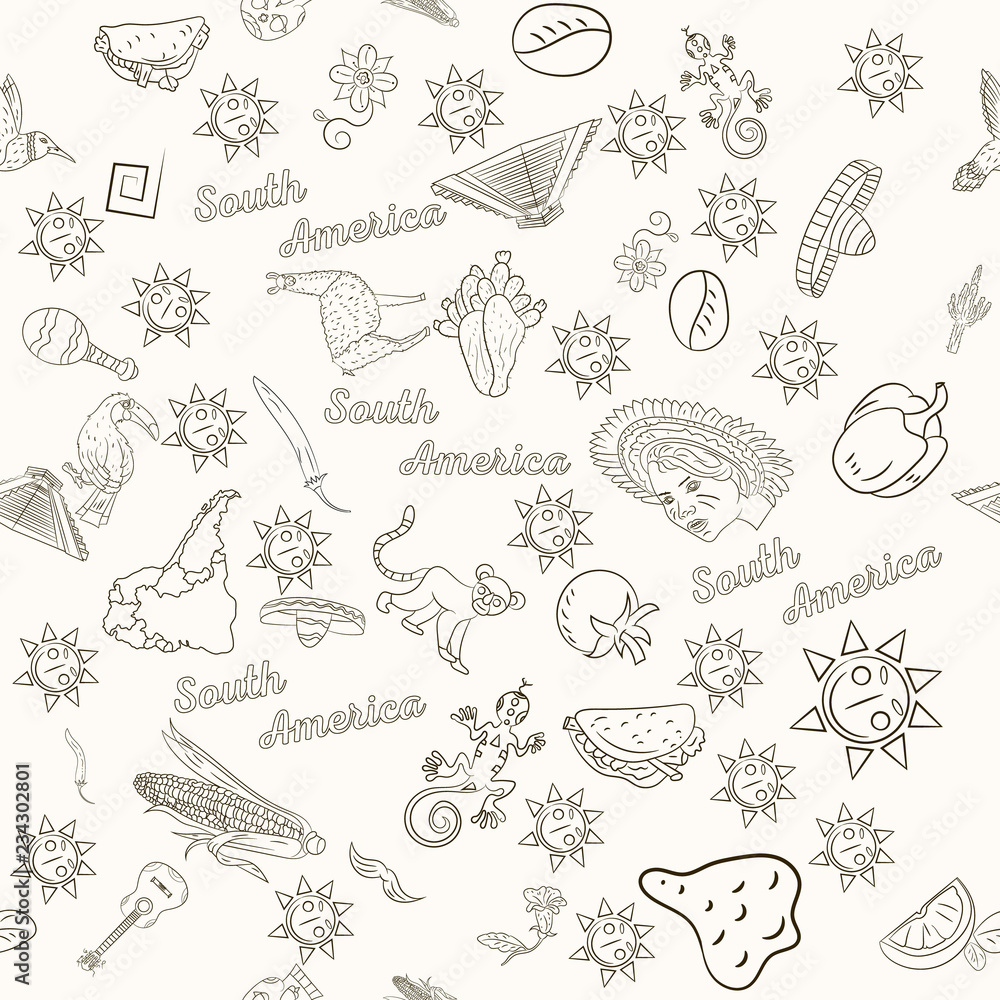 seamless_5_pattern, contour drawing on South America theme, animals ...