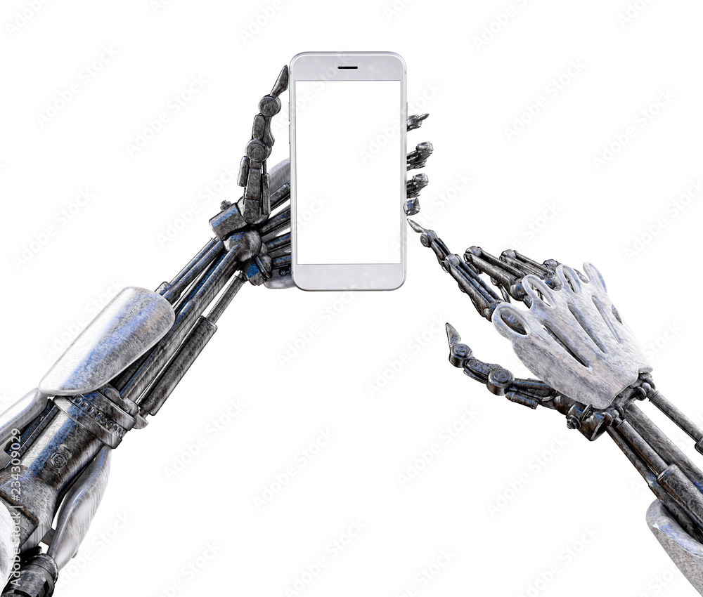 Robot hand holding smartphone with blank screen mock up, touching ...