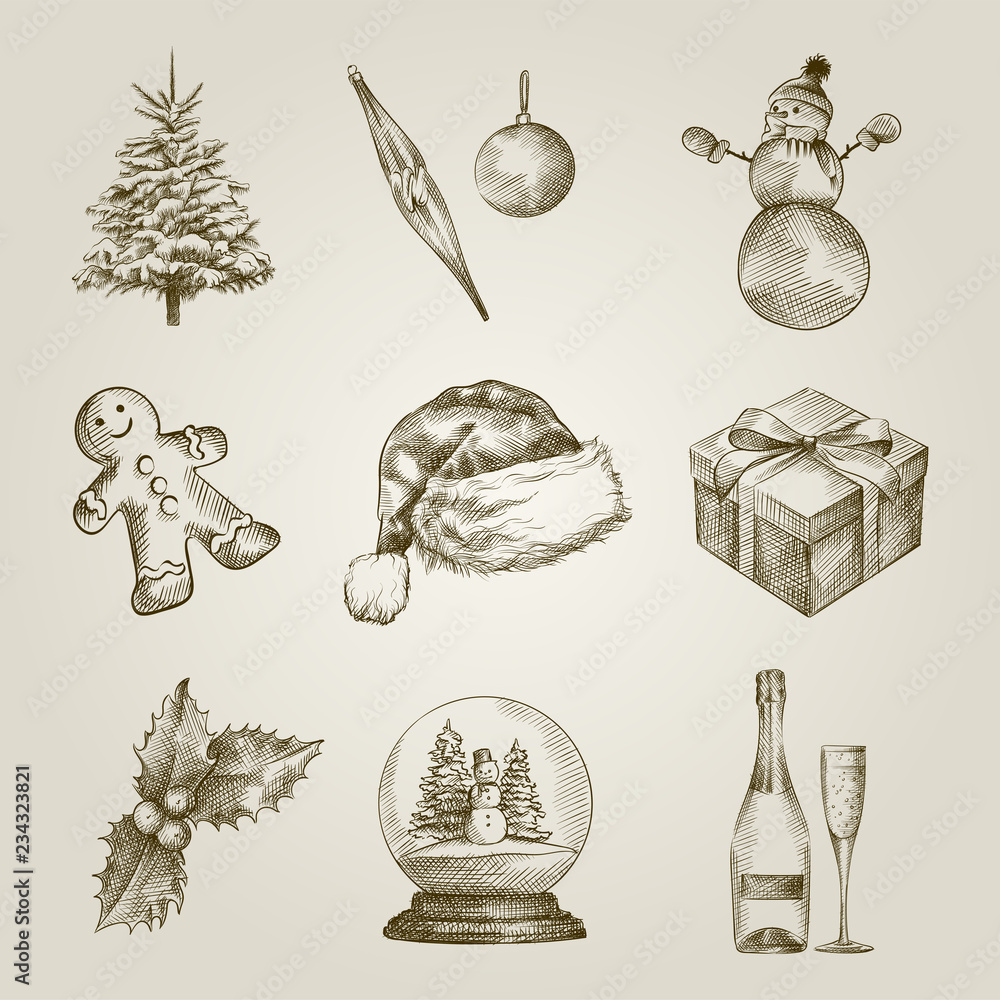 Hand Drawn Christmas holiday Sketches Set. Collection Of Christmas tree ...