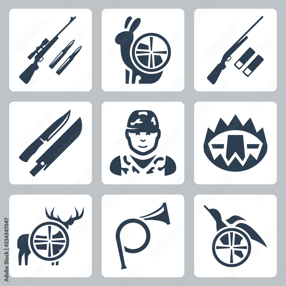Vector hinting icons set: sniper rifle, hare, shotgun, hunting knife ...
